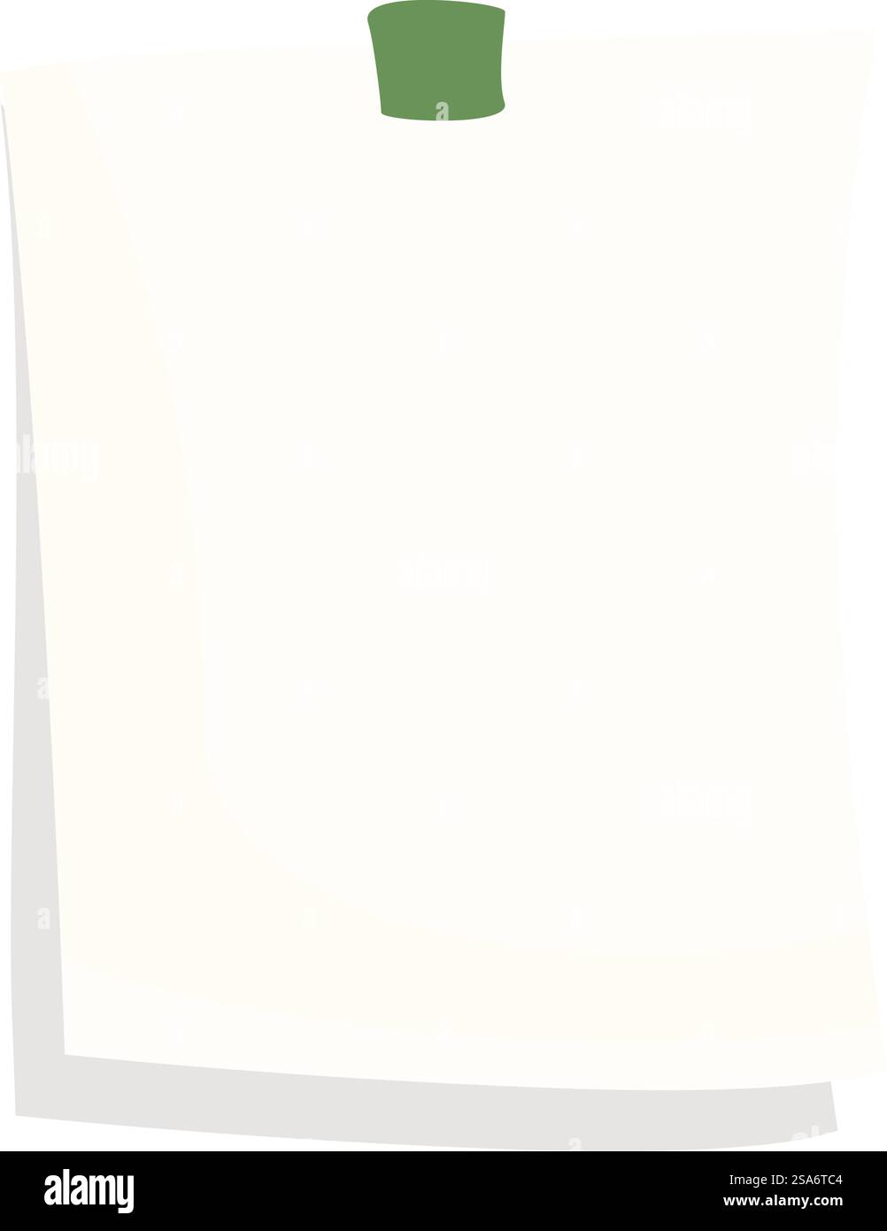Blank white paper note is being held on a wall with a green push pin ...