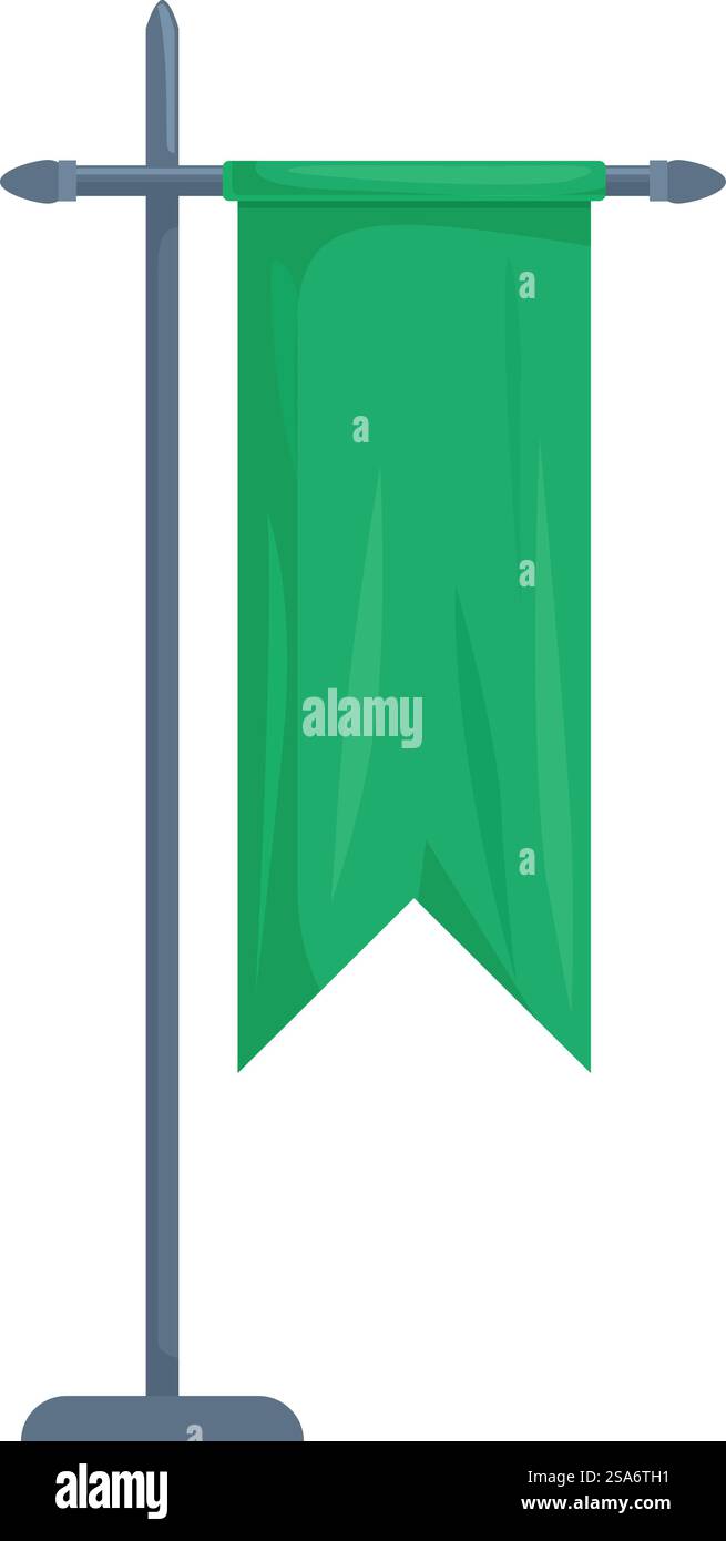 Green medieval flag hanging on a metal pole, waving in the wind. Green ...
