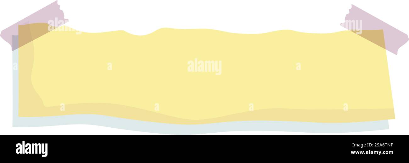 Blank yellow note paper with torn edges is held to a surface with tape ...