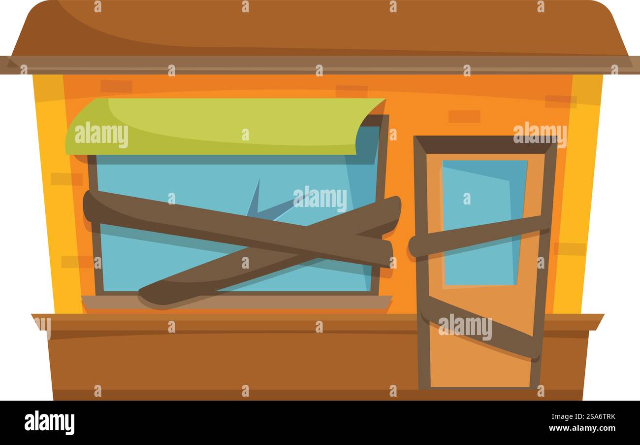 Illustration featuring an abandoned building, boarded up door, and ...