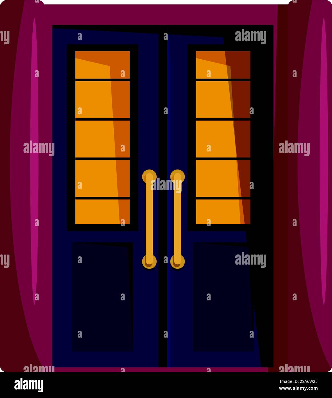 Illustration featuring a closed double door entrance with glass panels ...