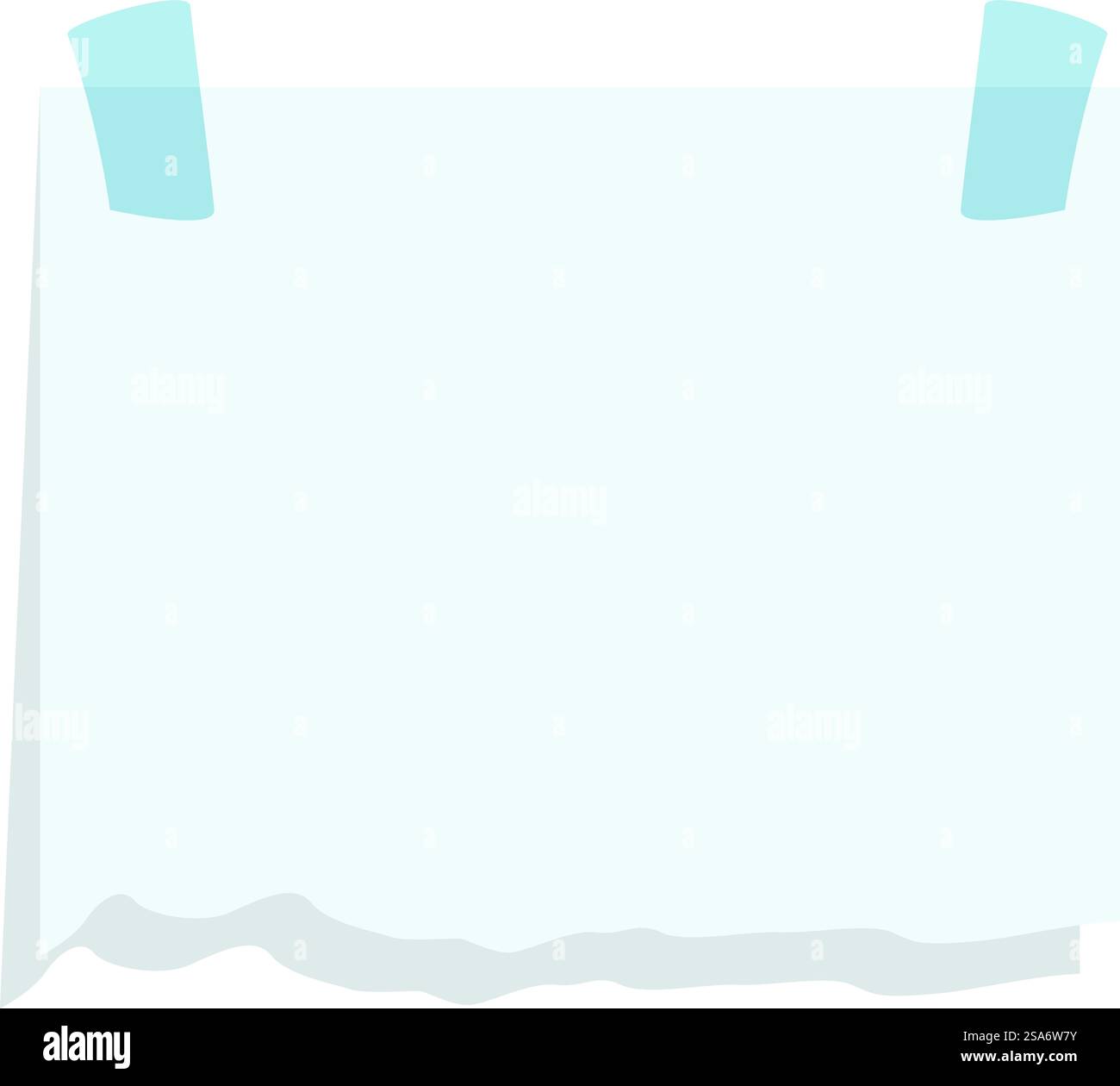 Blank white note paper with torn edges is hanging on blue tape ...