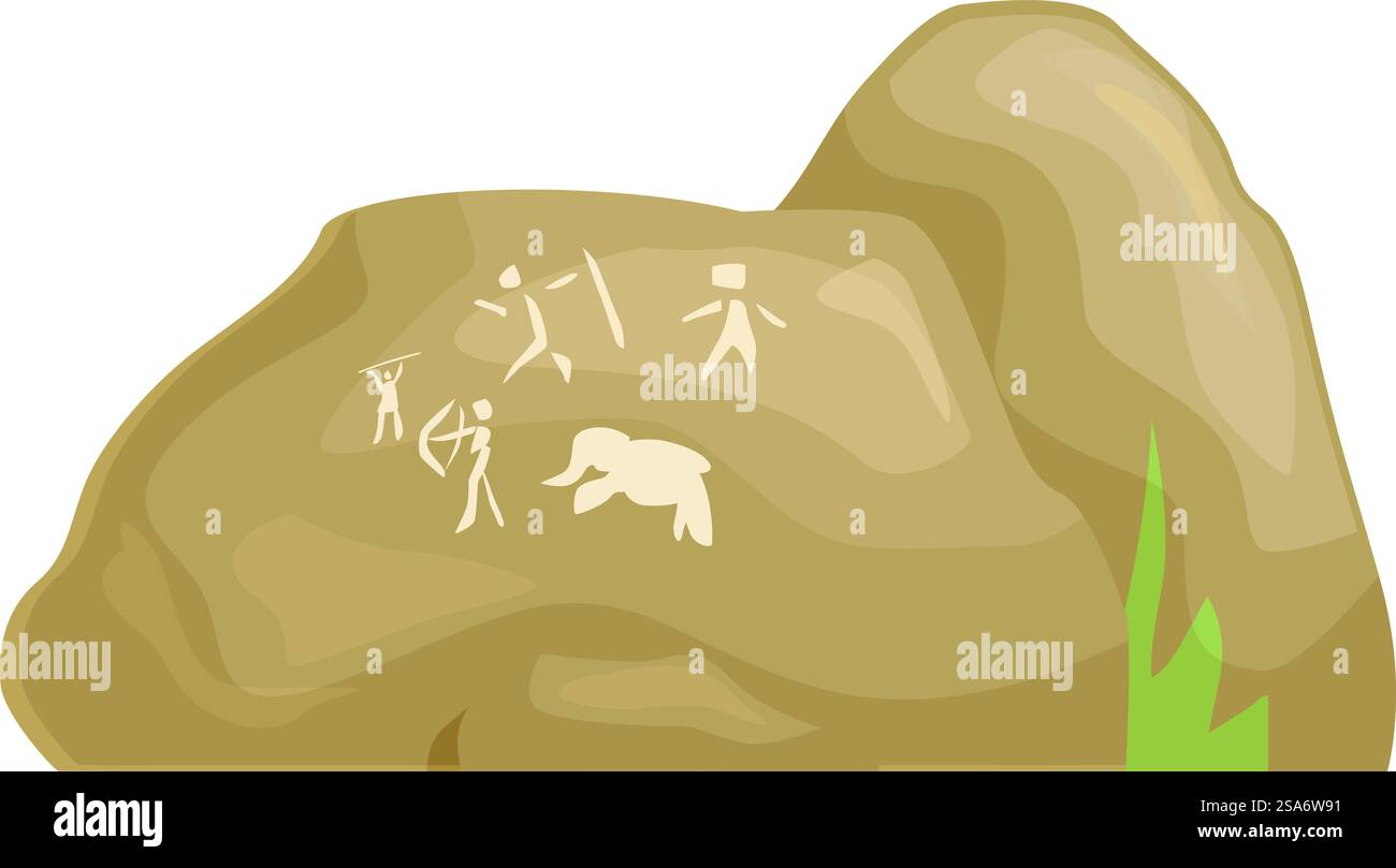 Big brown rock showing ancient cave paintings depicting a hunting scene ...