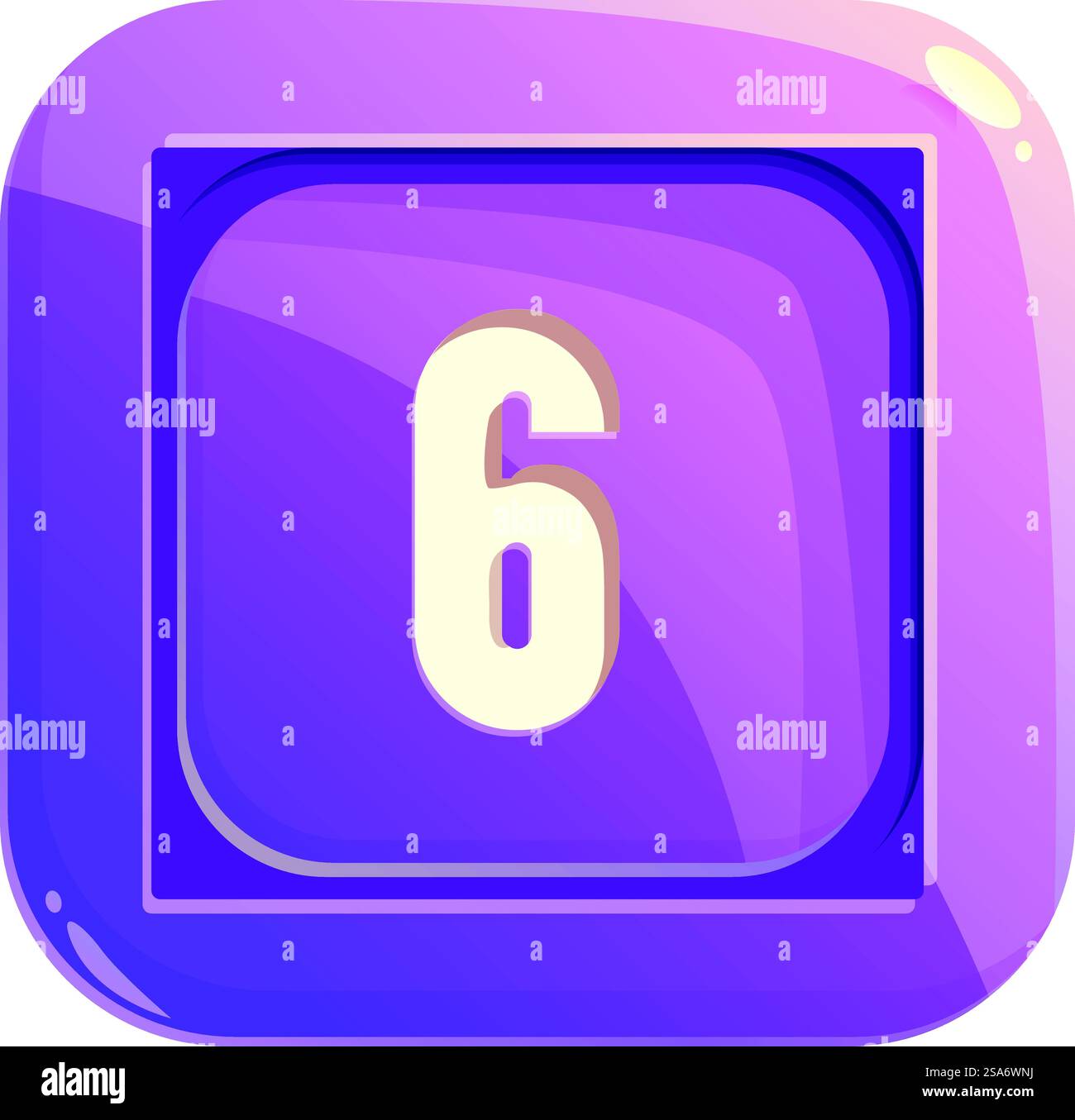 Purple square button with rounded corners showing the number six ...