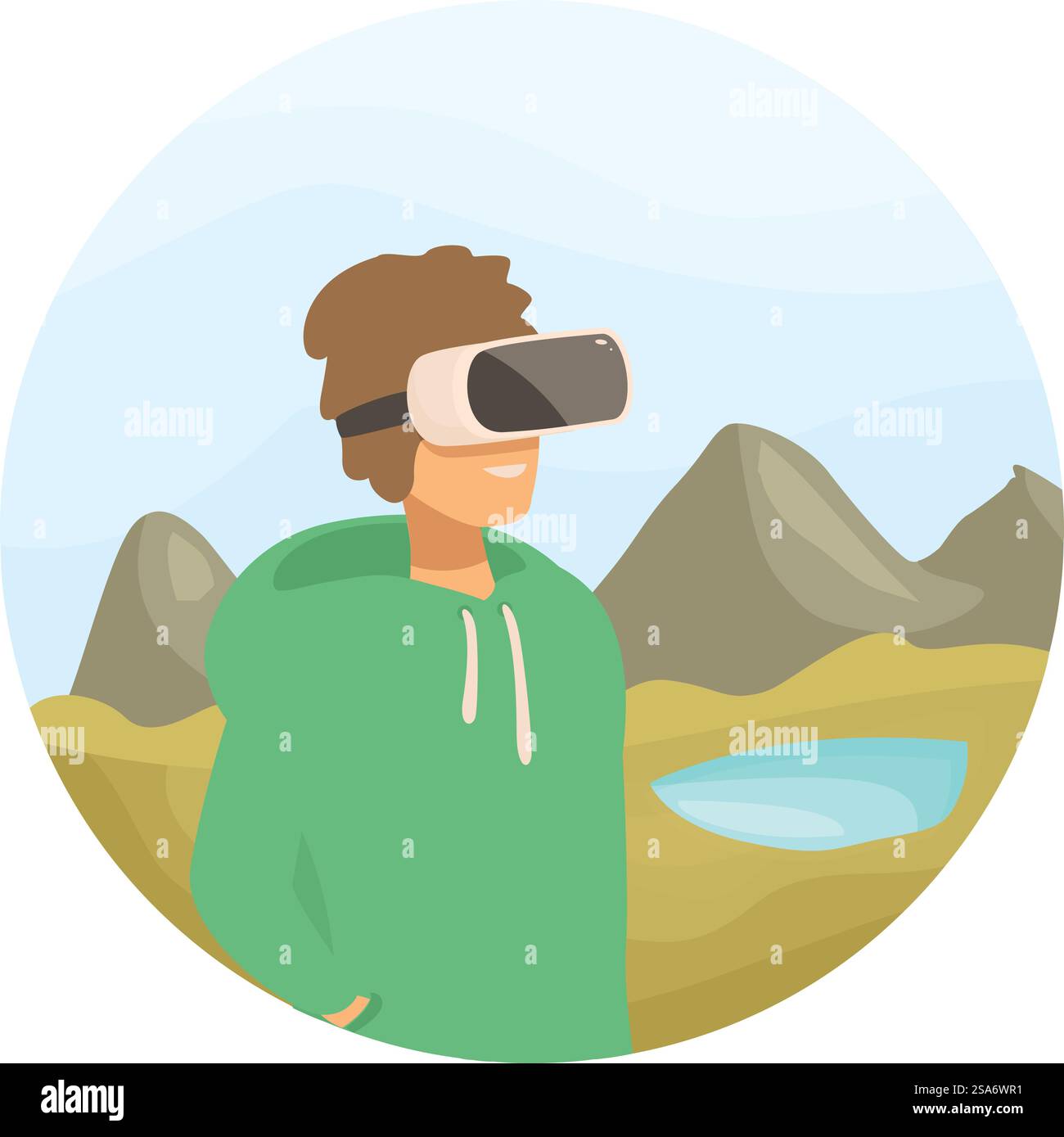 Man wearing vr headset exploring virtual nature landscape. Man exploring virtual nature wearing ...