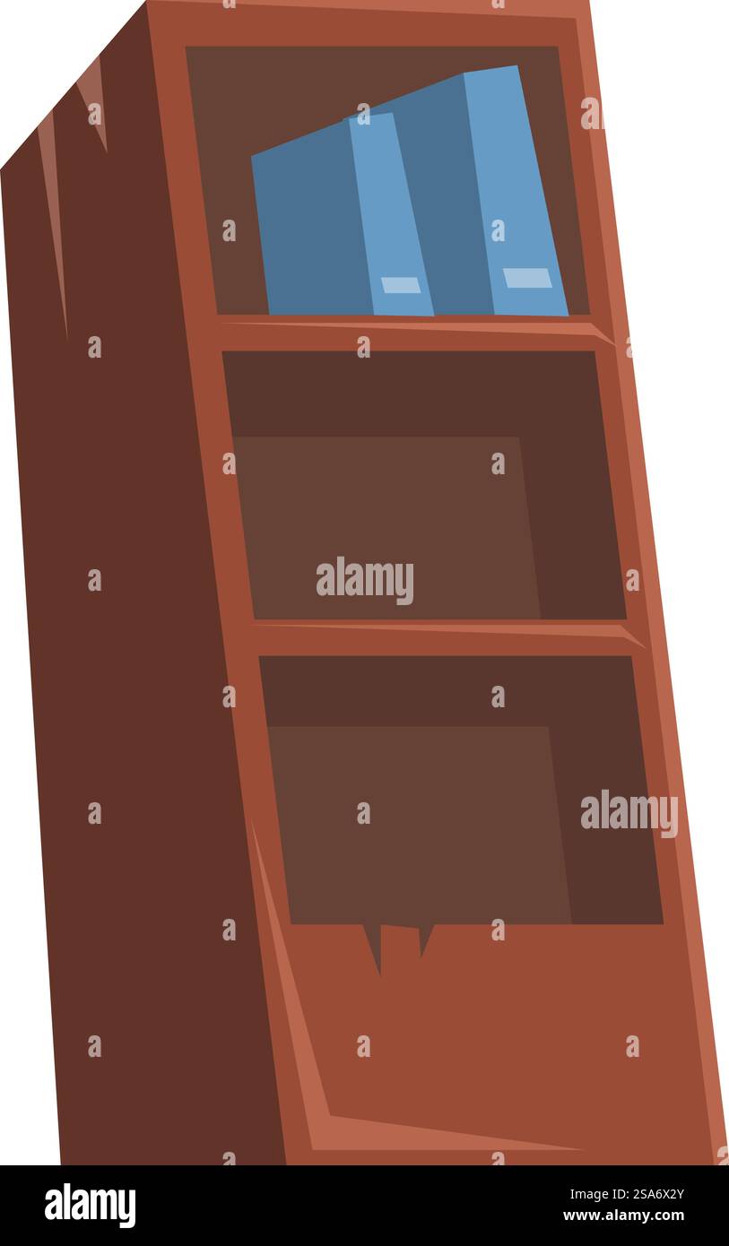 Simple wooden bookcase is standing with two blue files on the top shelf ...
