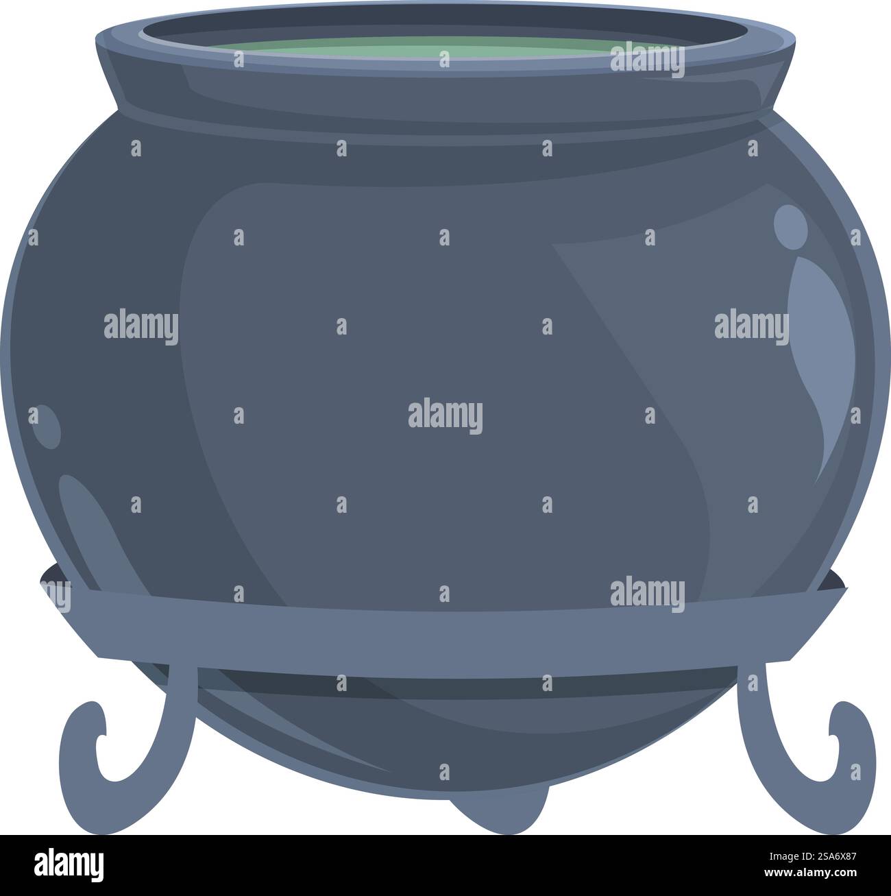 Large metal cauldron filled with green potion standing on a tripod ...