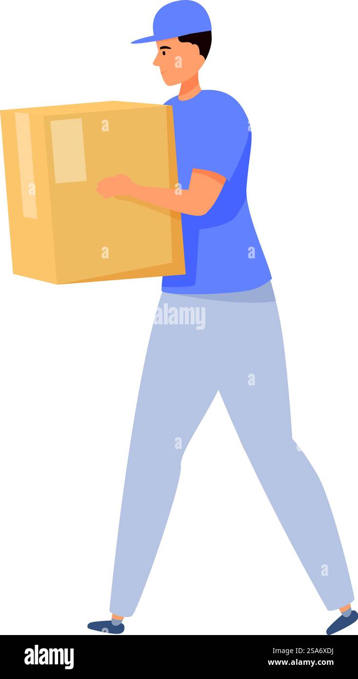 Delivery company employee carrying a large cardboard box. Delivery man ...