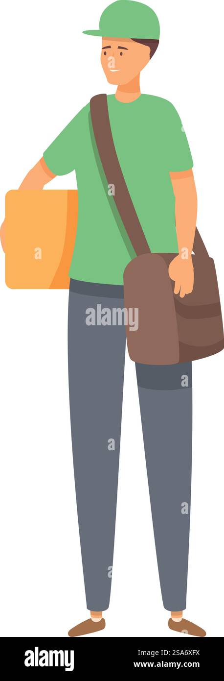 Delivery man holding cardboard box wearing green uniform, smiling ...