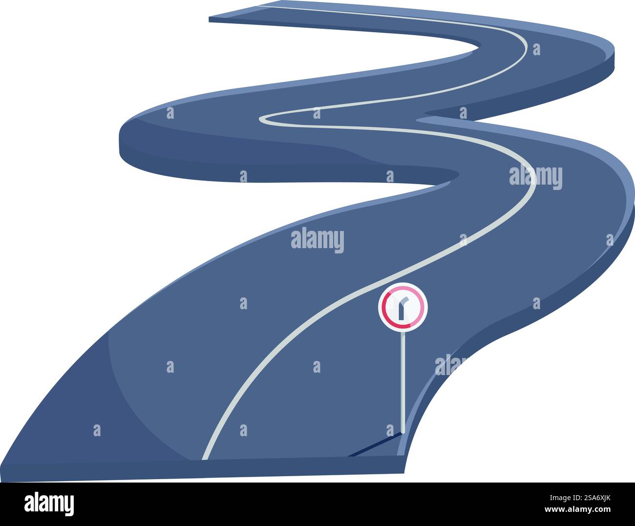 Long, winding road is turning left and right with a sharp turn warning ...