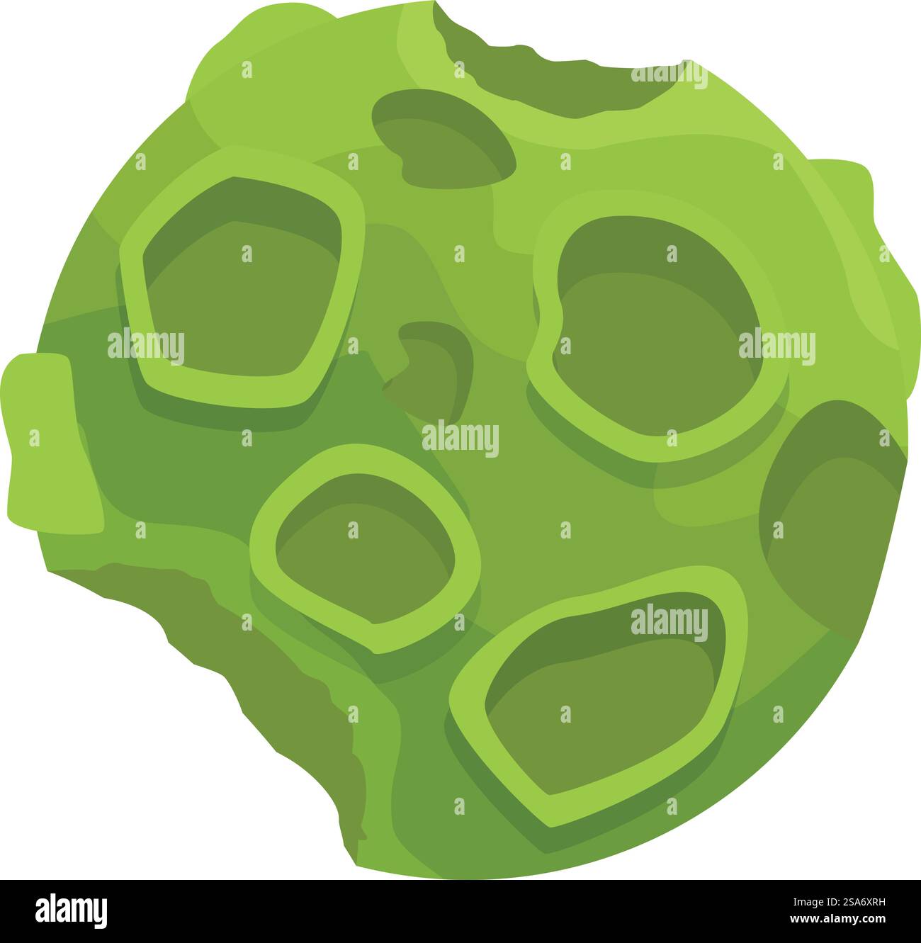 Cartoon green asteroid floating in space, featuring craters and a rough ...