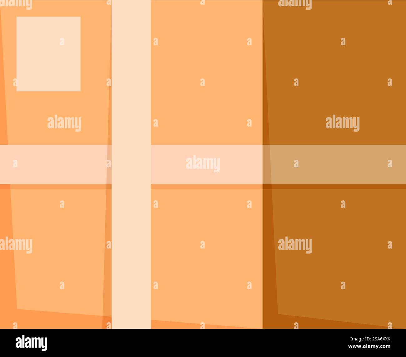 Simple cardboard box is standing up with tape and a blank label ...