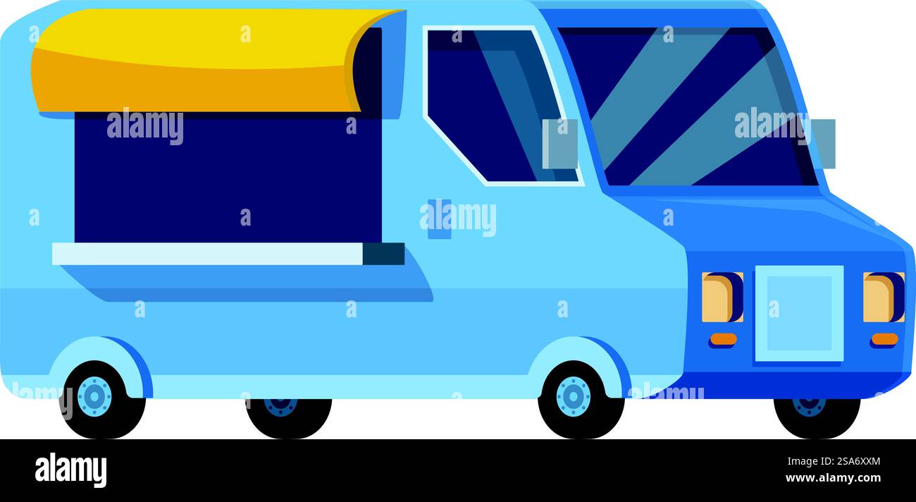 Blue food truck offering street food with open window and yellow awning ...