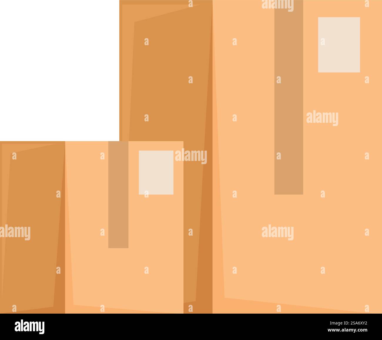 Two closed cardboard boxes with tape and labels standing upright ...