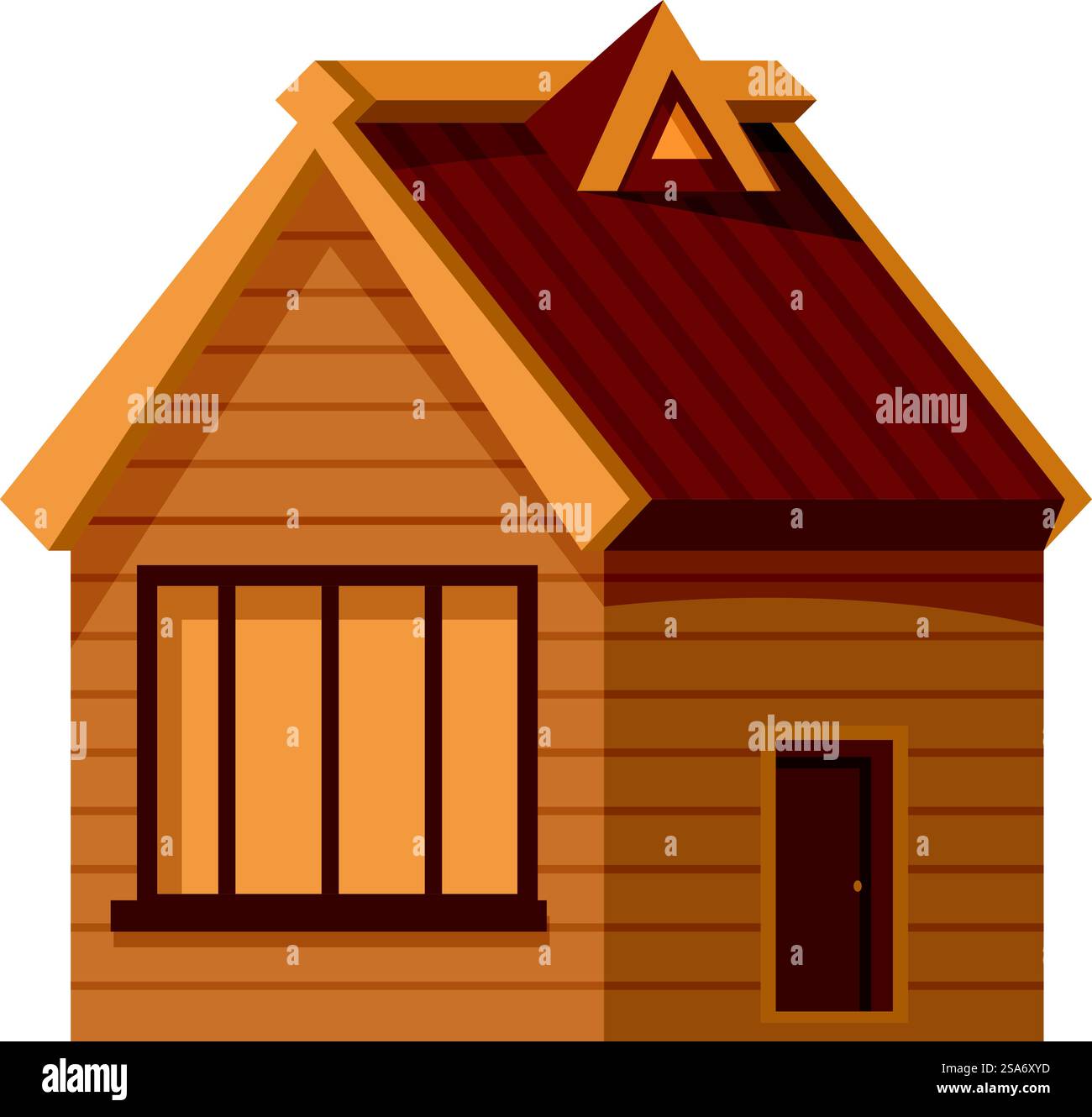 Small wooden house with brown roof and attic window, isolated on white ...