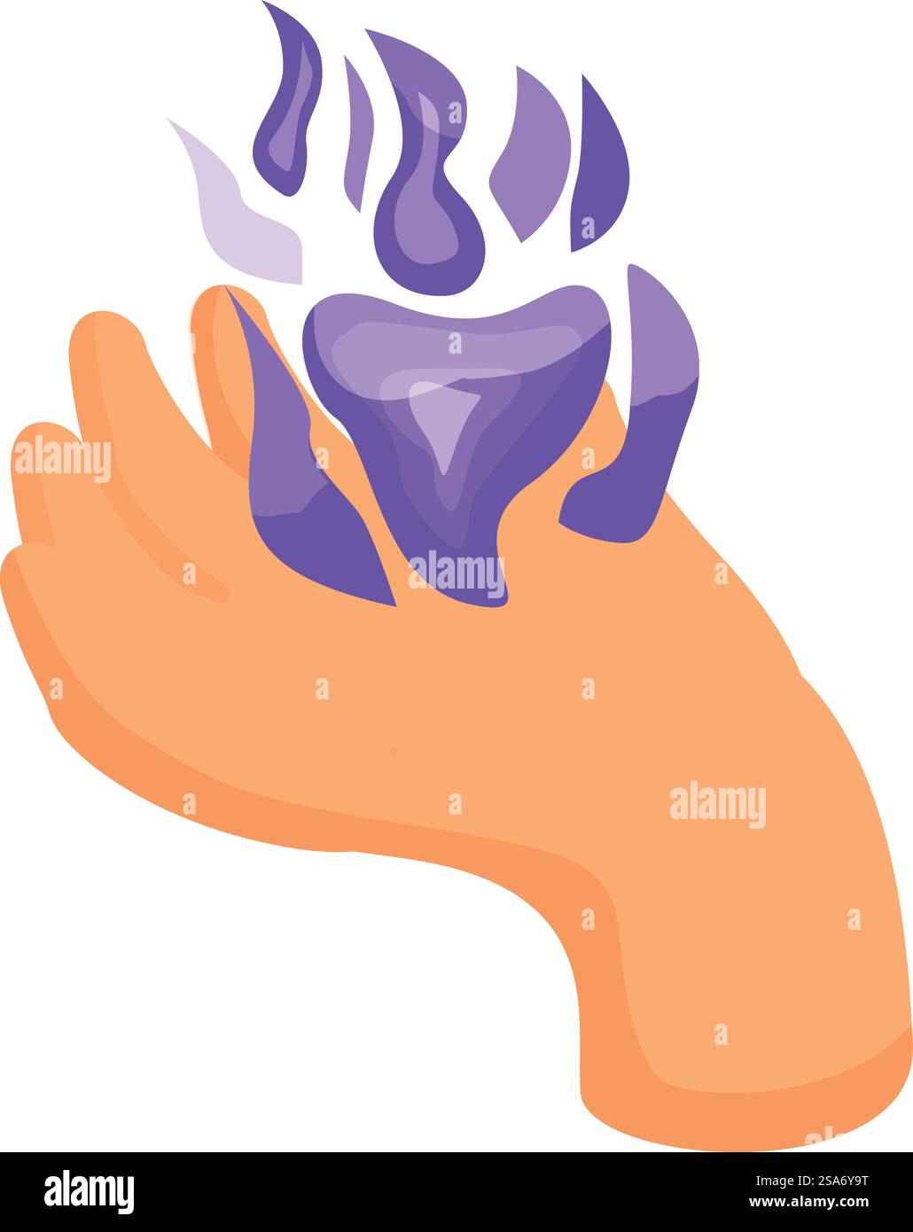 Magician is conjuring a magical purple fire in the palm of their open ...