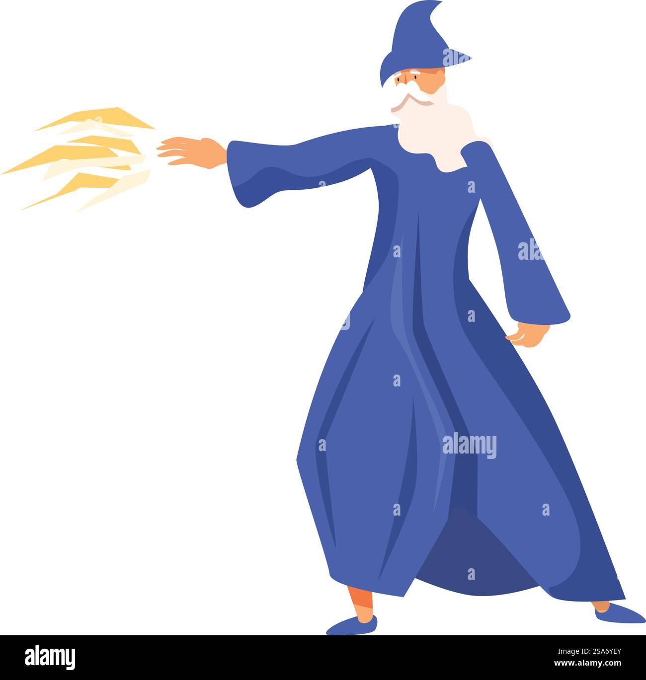 Wizard wearing a blue robe casting a magic spell with his hand ...