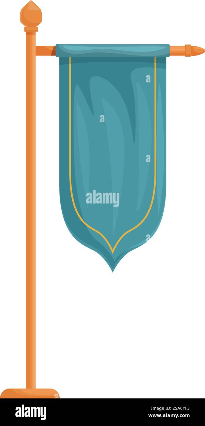 Teal medieval flag with gold trim hanging on a wooden pole isolated on ...