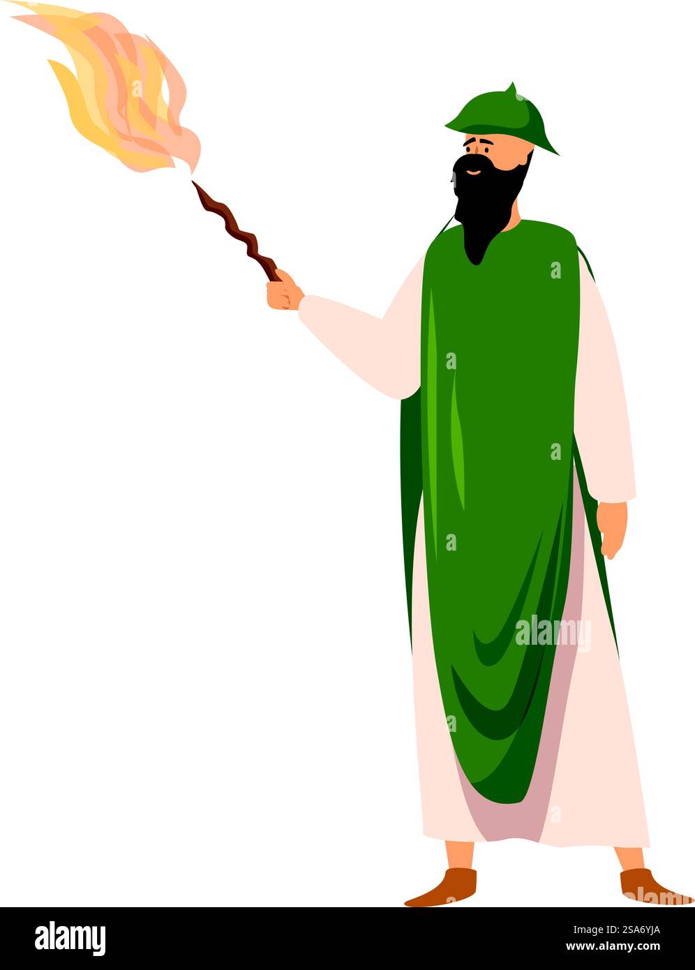 Medieval man holding a burning torch, isolated on white background ...