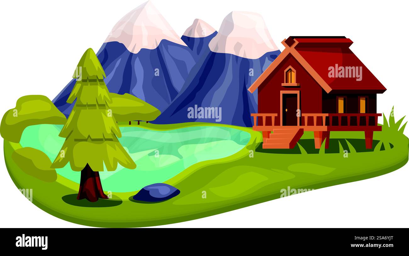 Idyllic mountain landscape with wooden hut, coniferous tree, and lake ...