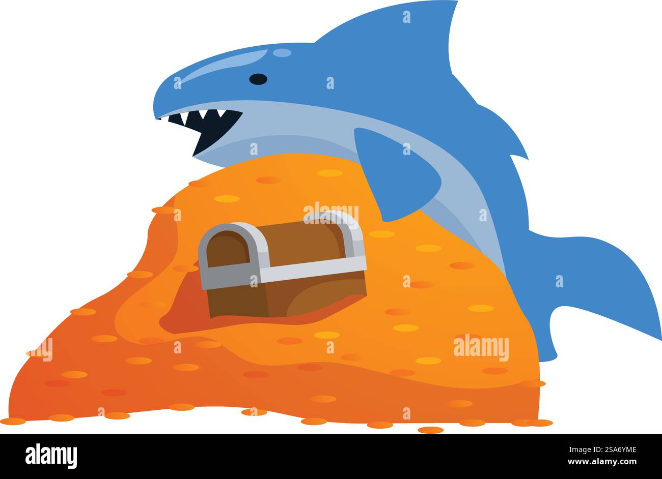 Cartoon illustration of a blue shark guarding a treasure chest on a ...