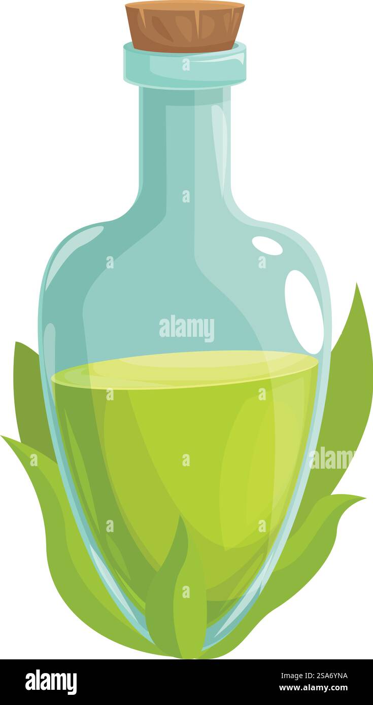 Green potion in bottle with cork stopper and leaves, hand drawn ...