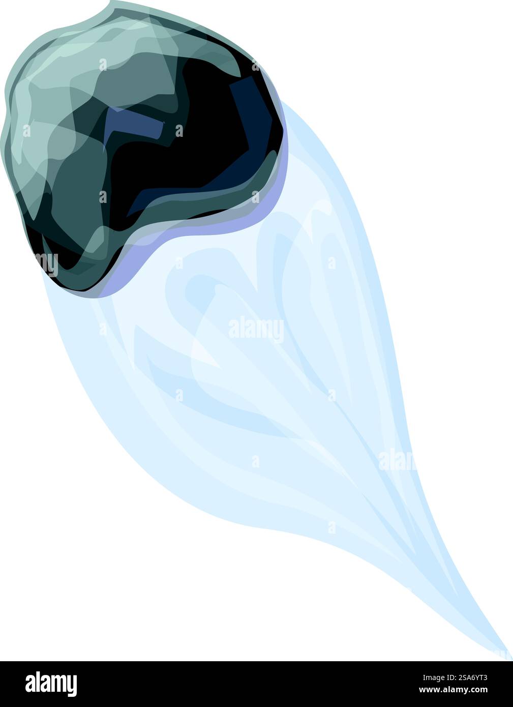 Gray meteorite falling down with blue trail on white background ...