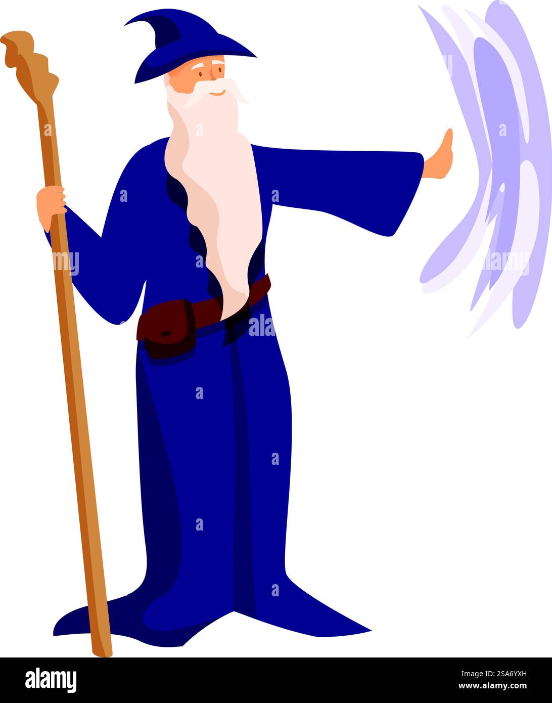 Smiling wizard wearing purple robe holding wooden staff and casting ...