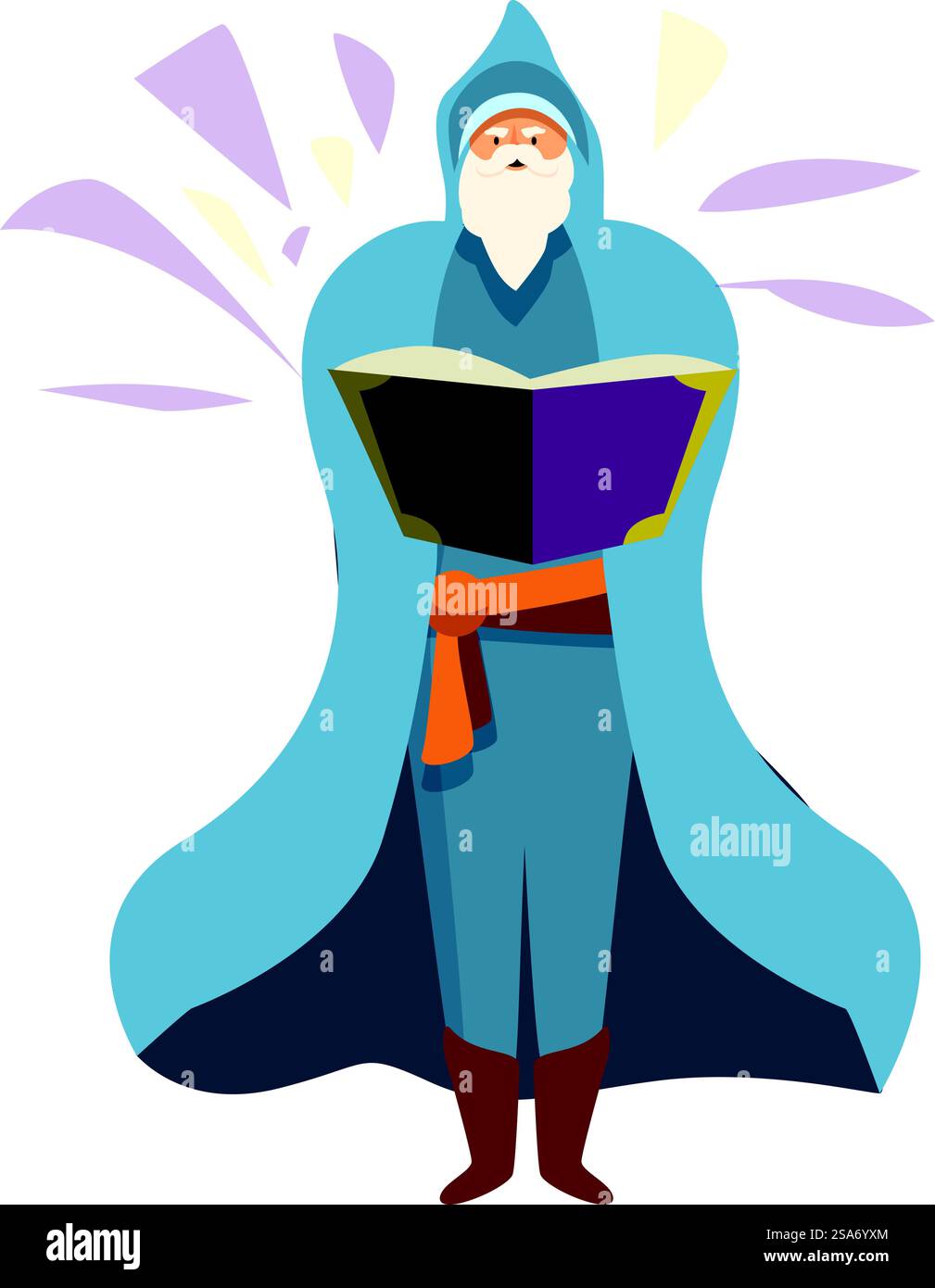 Powerful wizard wearing blue robe holding magic book casting a spell ...