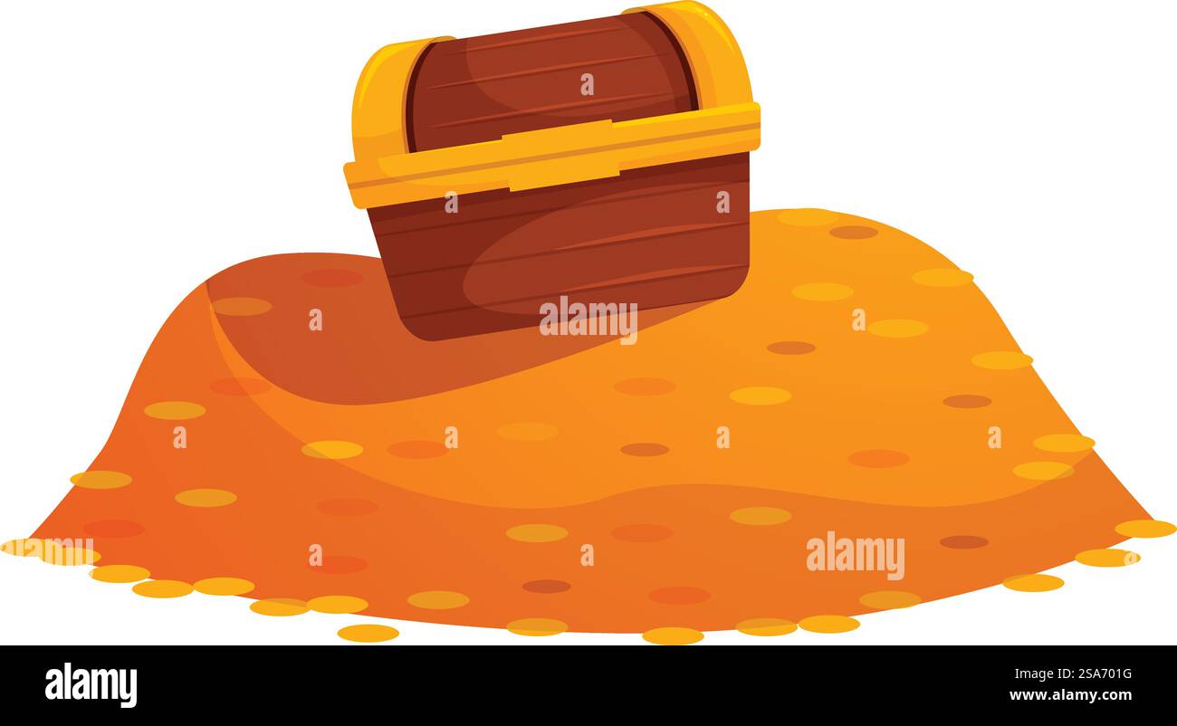 Old wooden chest full of golden coins is lying on a pile of sand ...