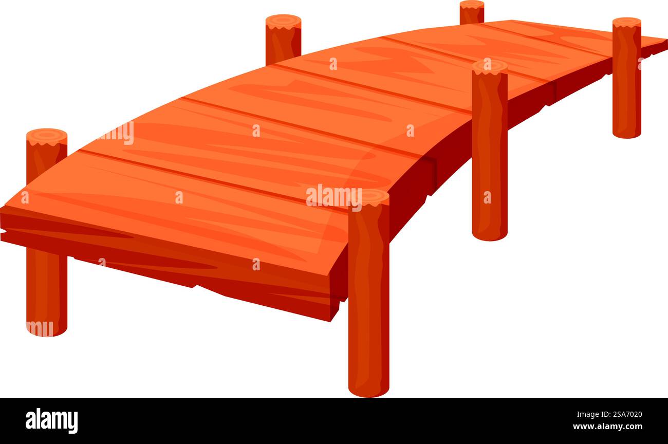 Curved wooden pier standing on white background, cartoon style ...