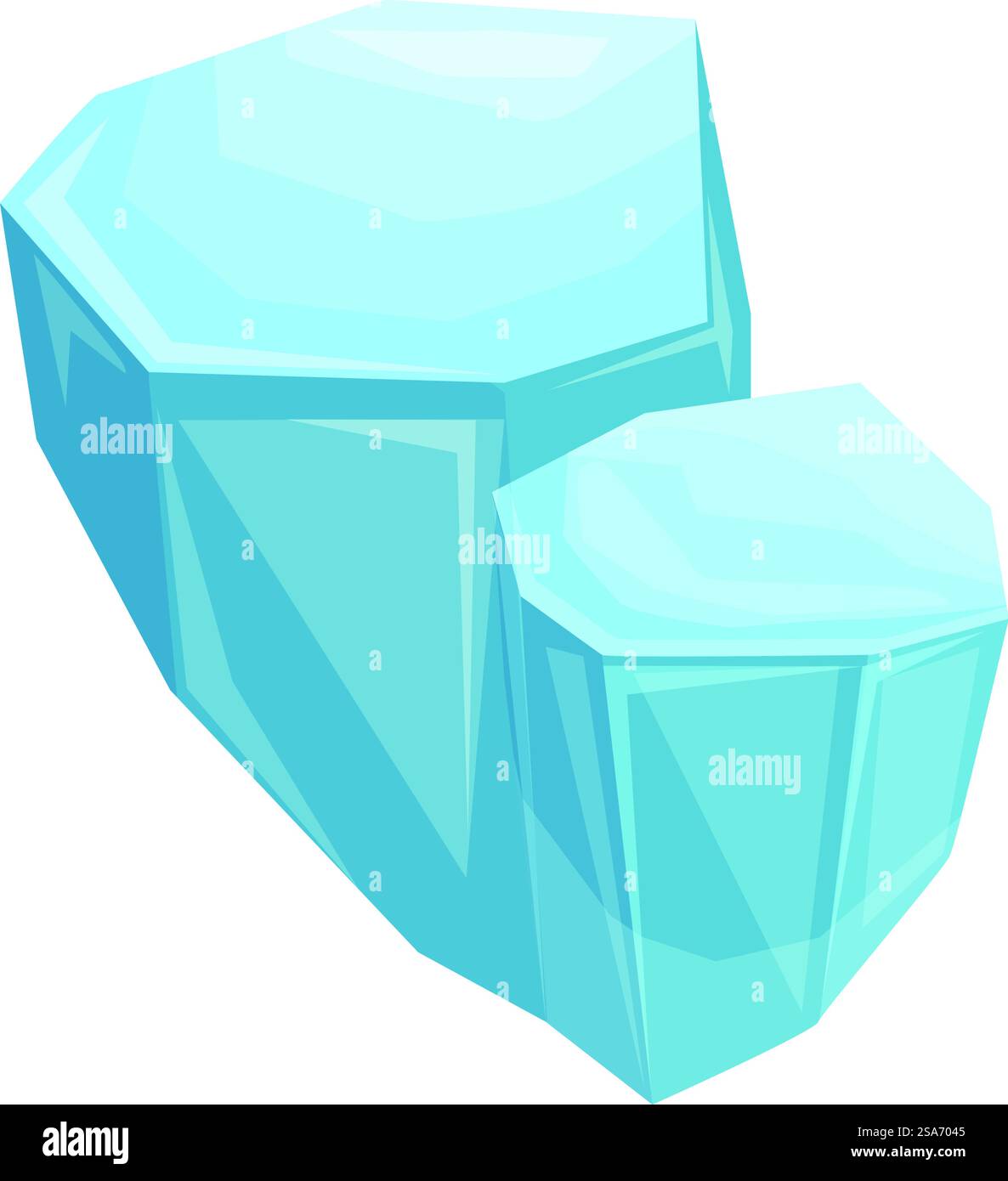 Two bright blue icebergs floating in the cold ocean. Two bright blue ...