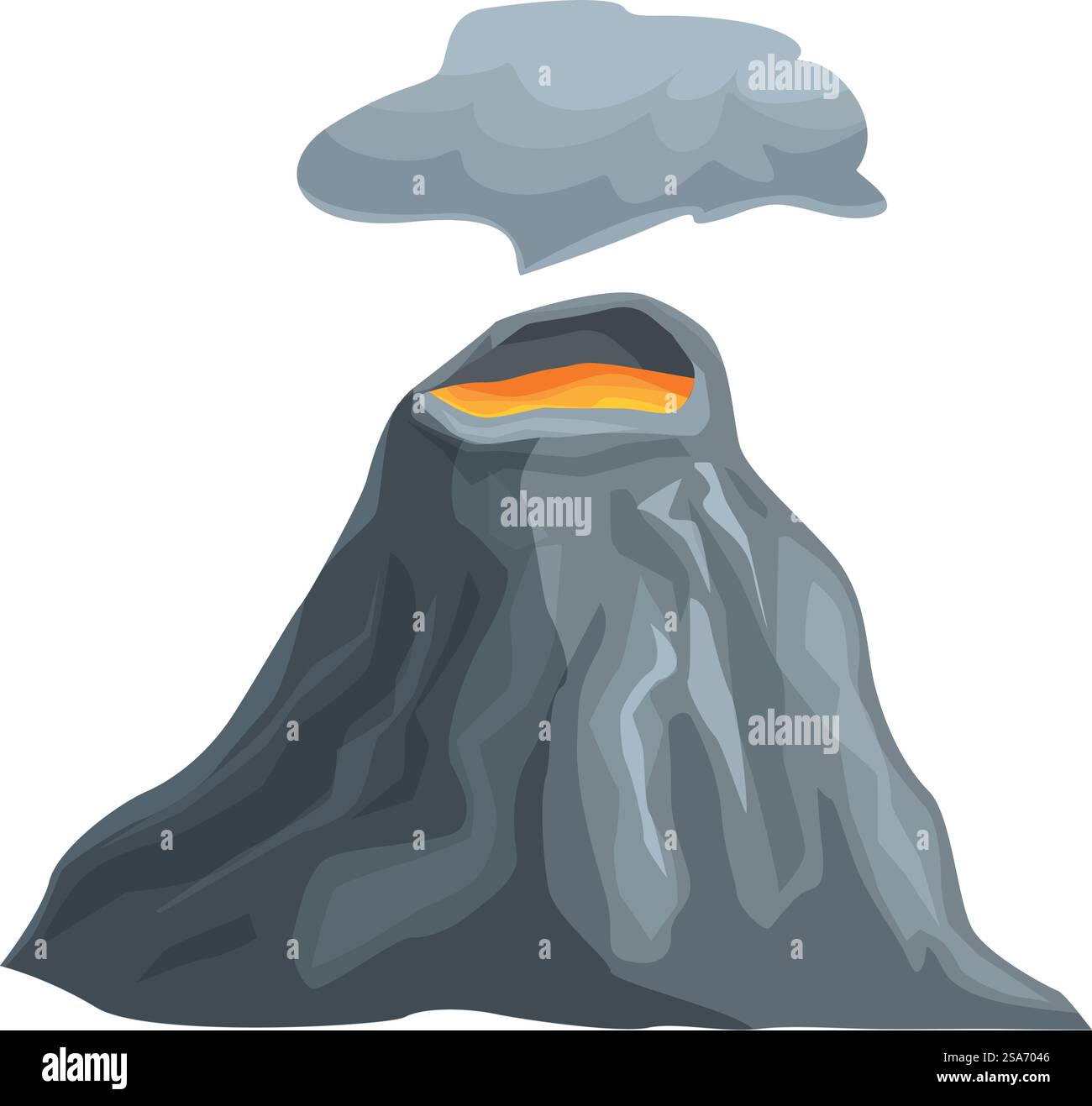 Large grey volcano with molten lava erupting from crater. Cartoon illustration of a volcano ...