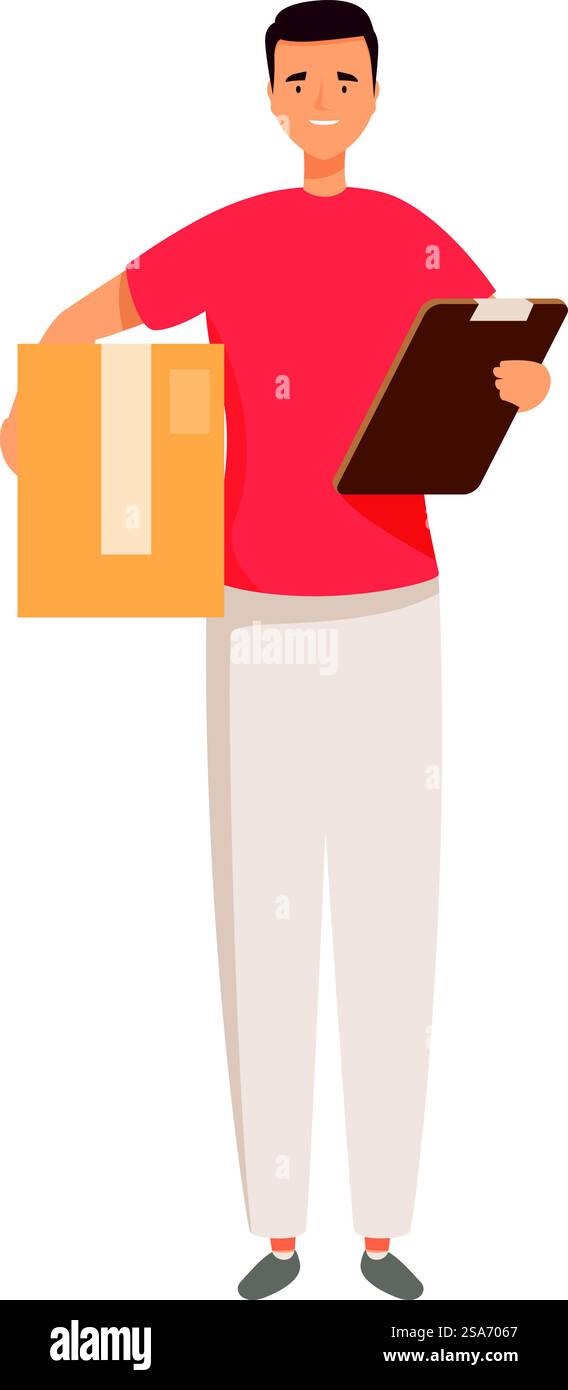 Smiling delivery man holding cardboard box and signing delivery note on ...