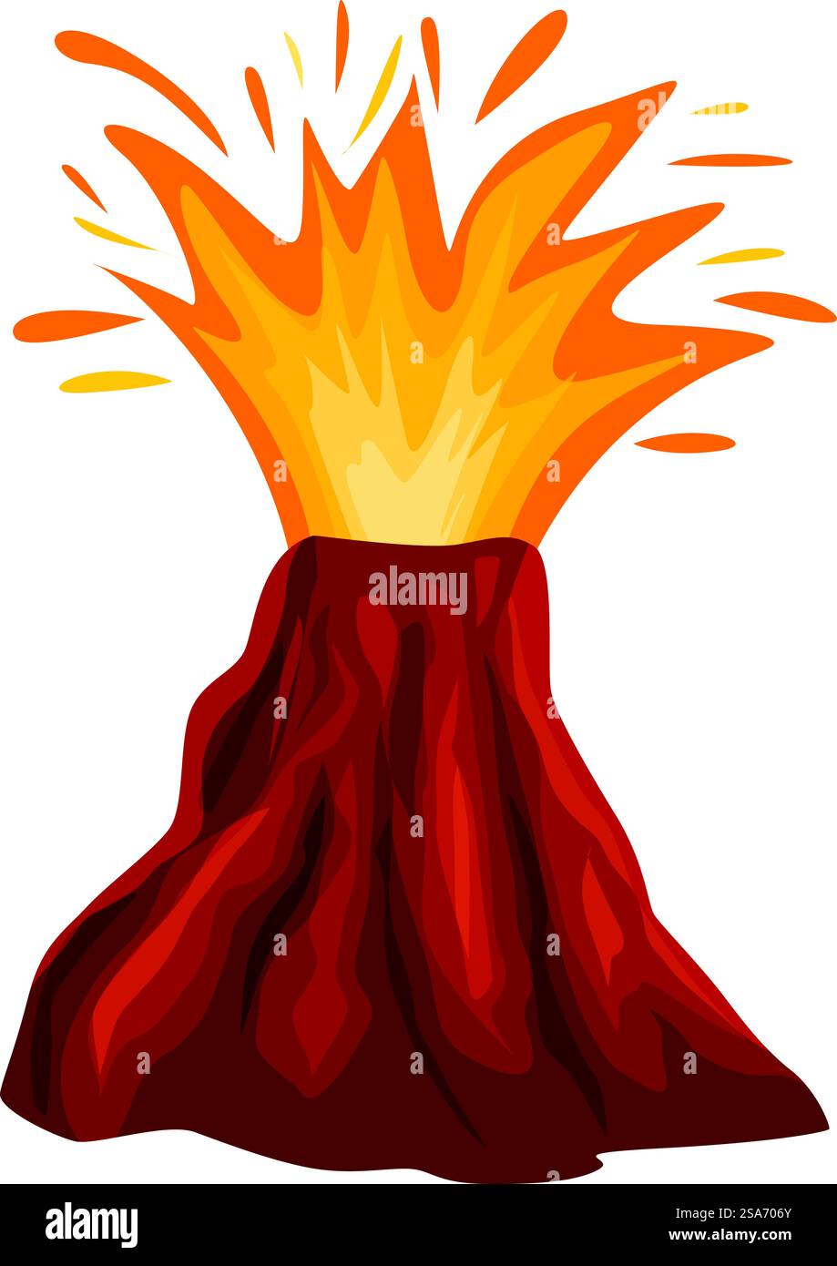 Cartoon illustration of a volcano erupting with molten lava spewing out. Volcano erupting with ...