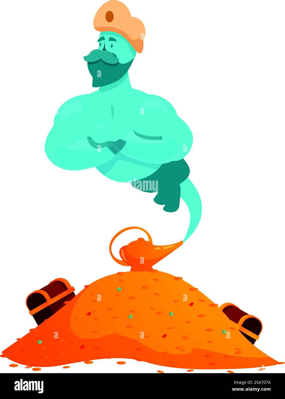 Blue genie is emerging from a magic lamp on a pile of gold coins with ...
