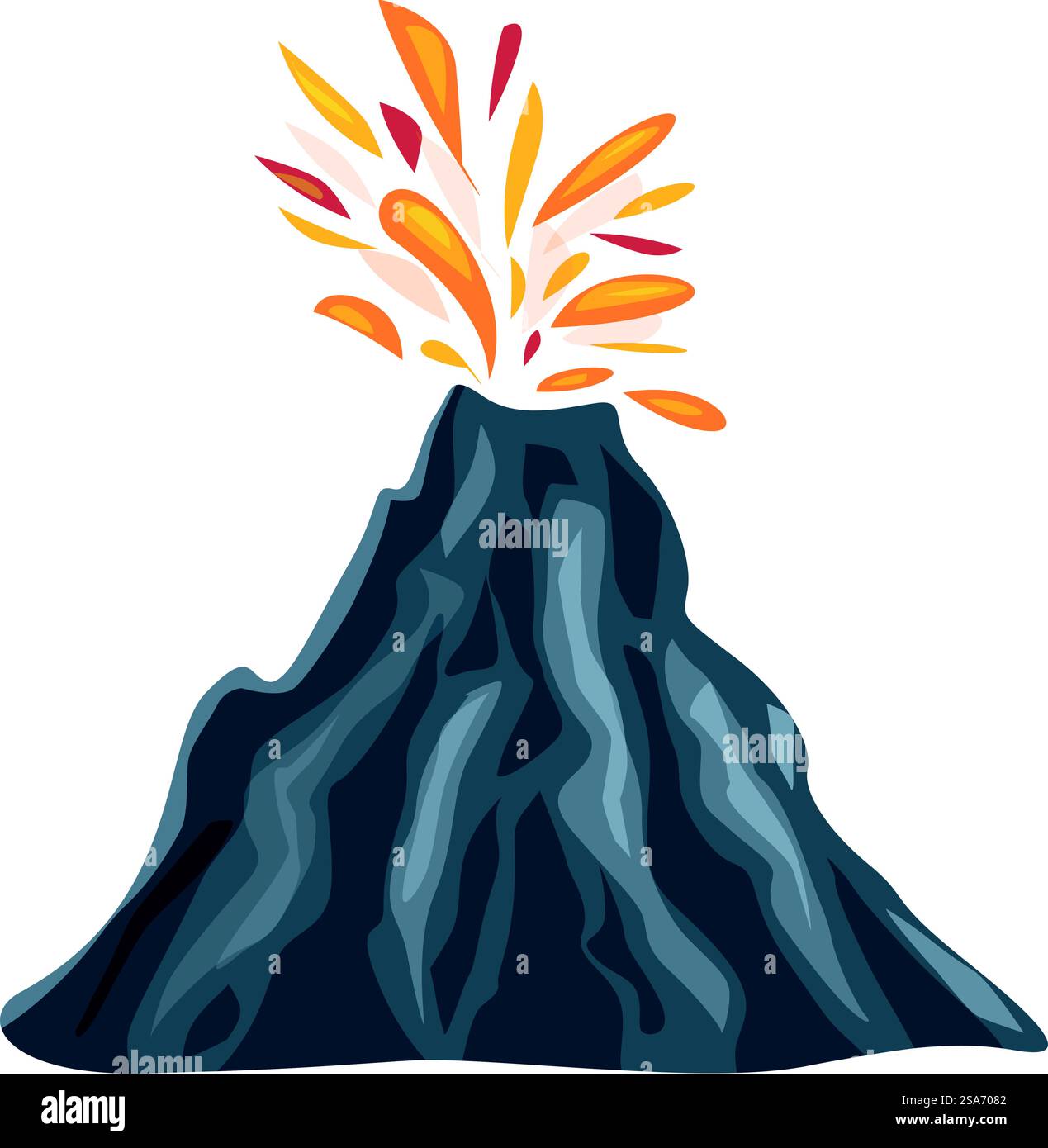 Cartoon style illustration of a volcano erupting, with molten lava spewing from its crater ...
