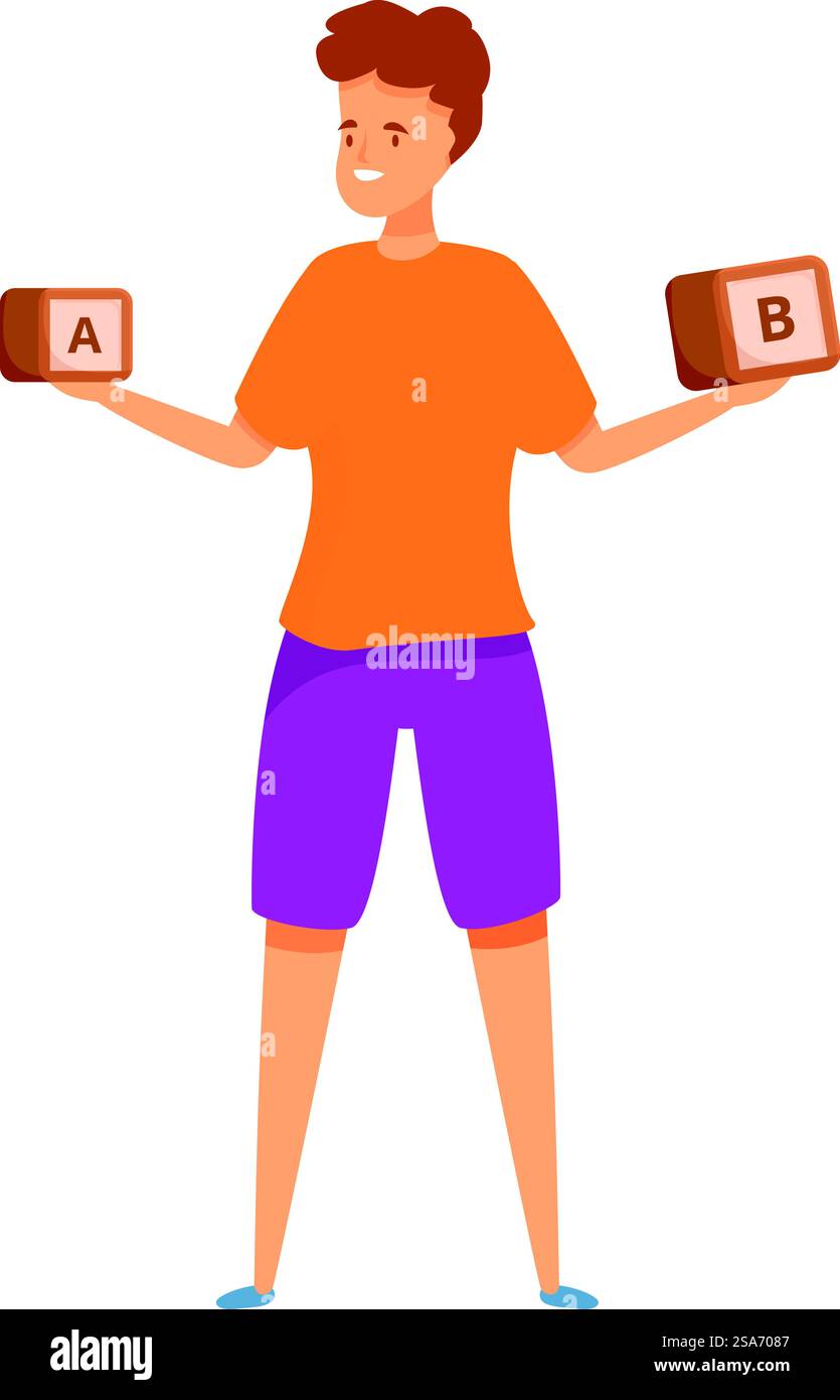 Young man deciding between two options, represented by wooden cubes ...