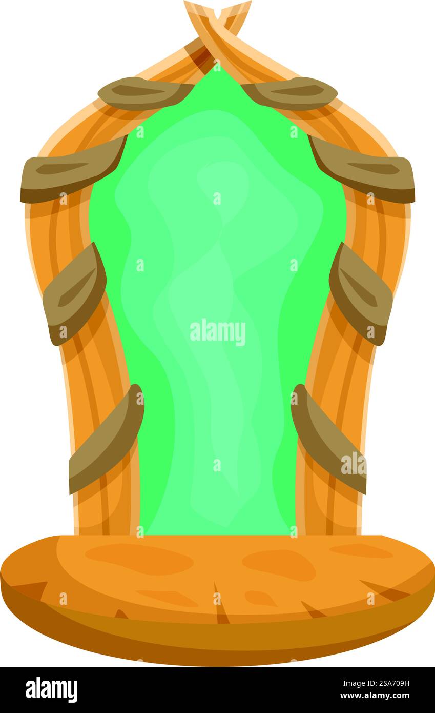 Cartoon wooden portal shining with magical green light, fairytale game ...