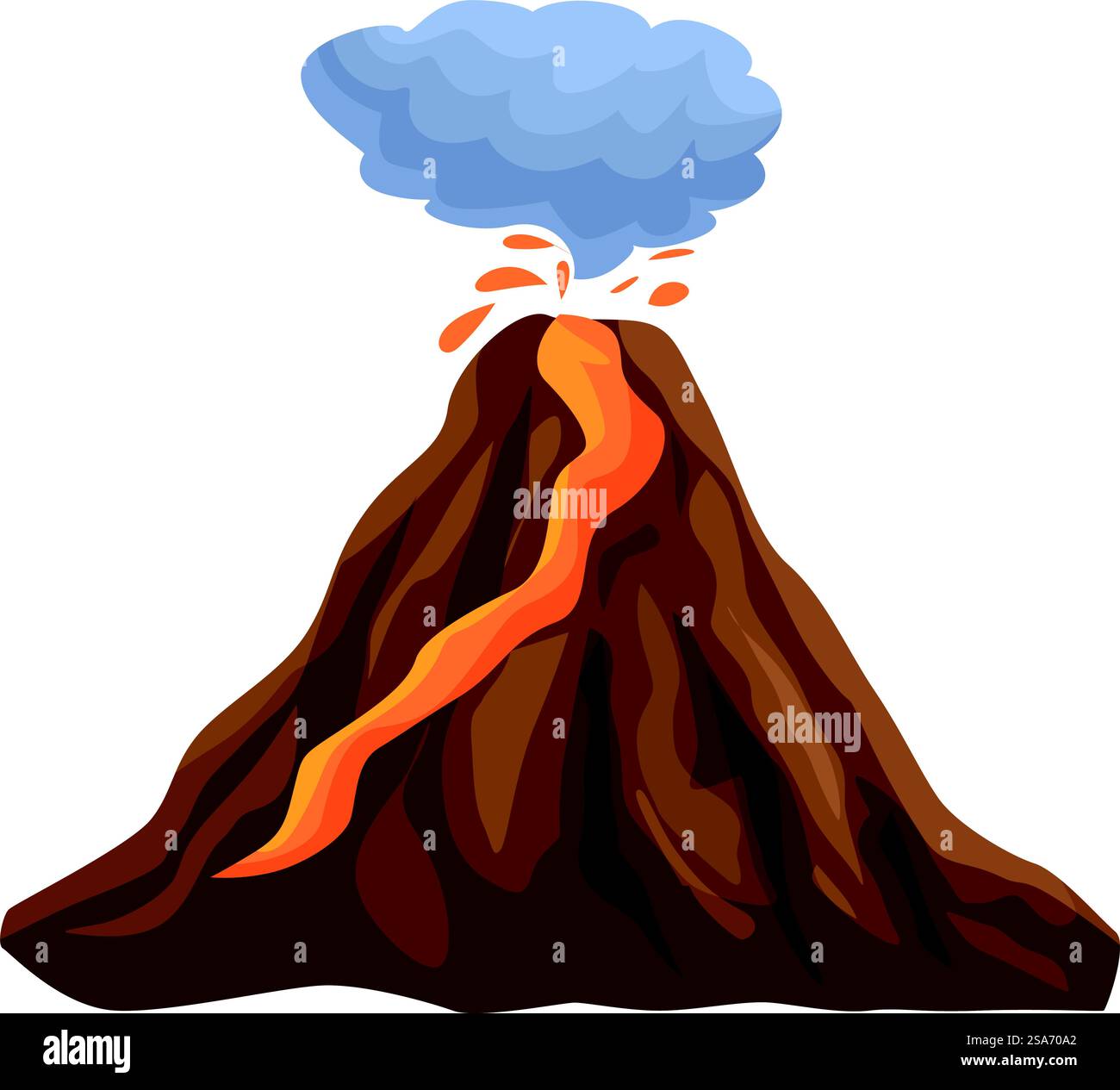 Volcano erupting with molten lava flowing down the side and a cloud of ...