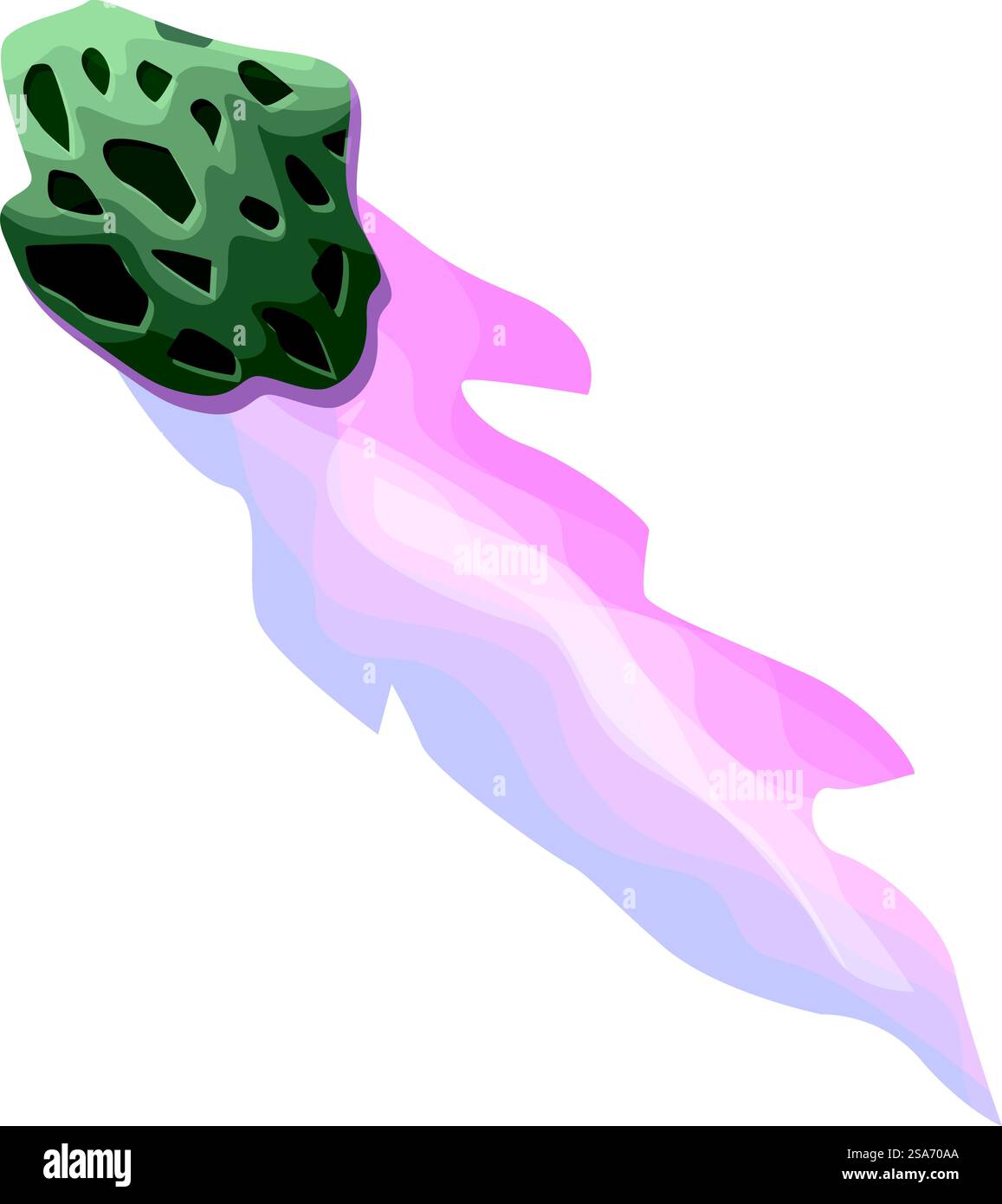 Green asteroid with craters flying and leaving pink and blue trace in ...