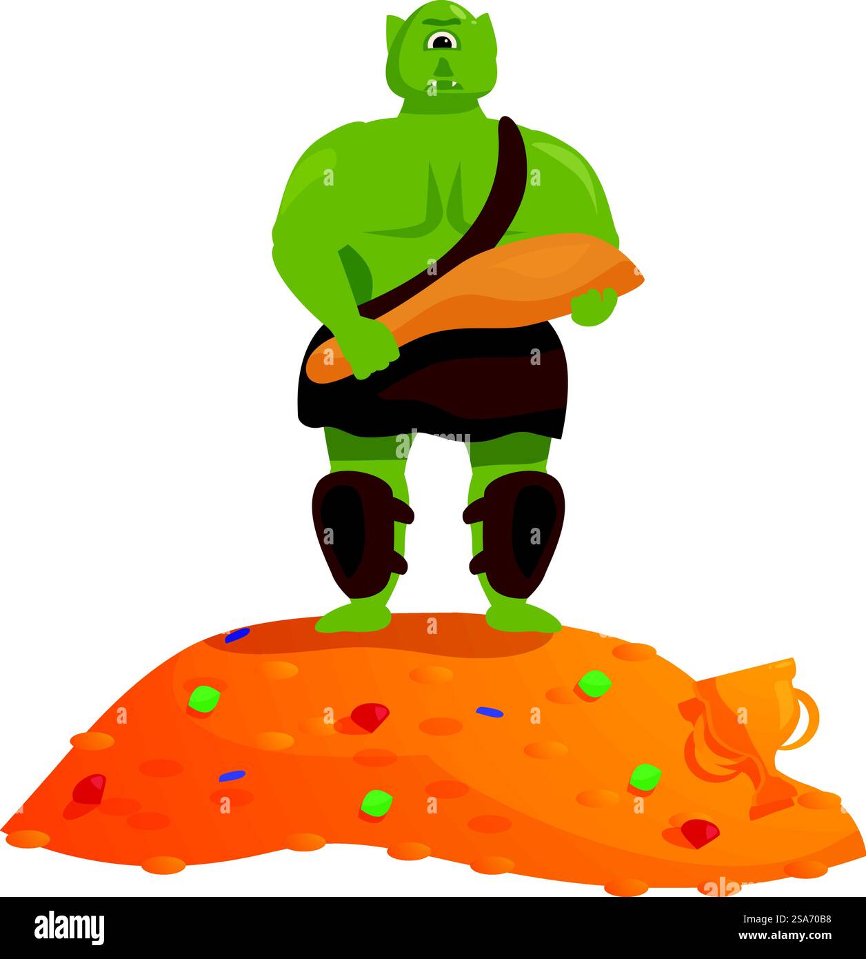 Green monster standing on a pile of gold and holding a club, guarding ...