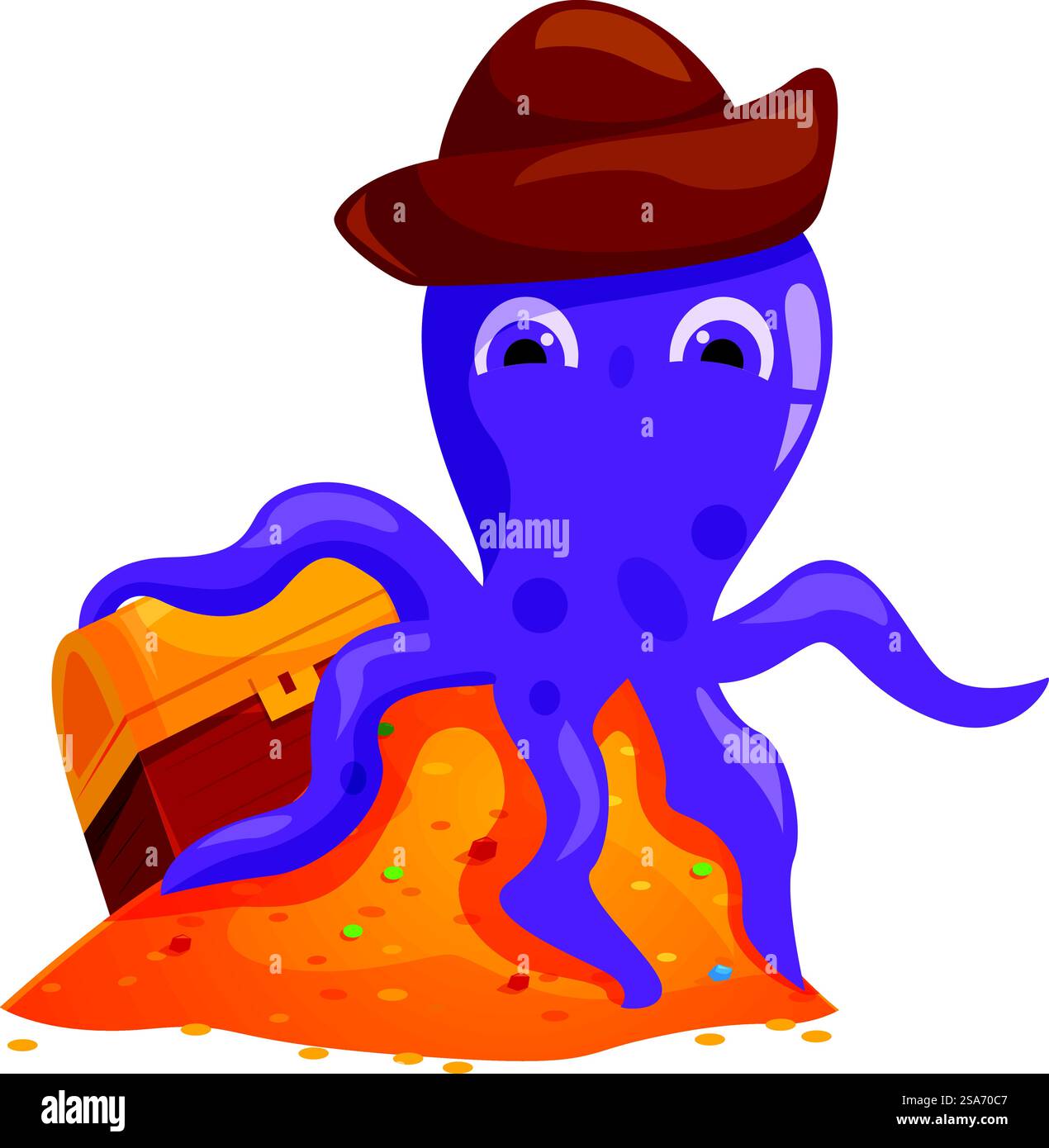 Cartoon octopus with treasure chest standing on a pile of gold, concept ...