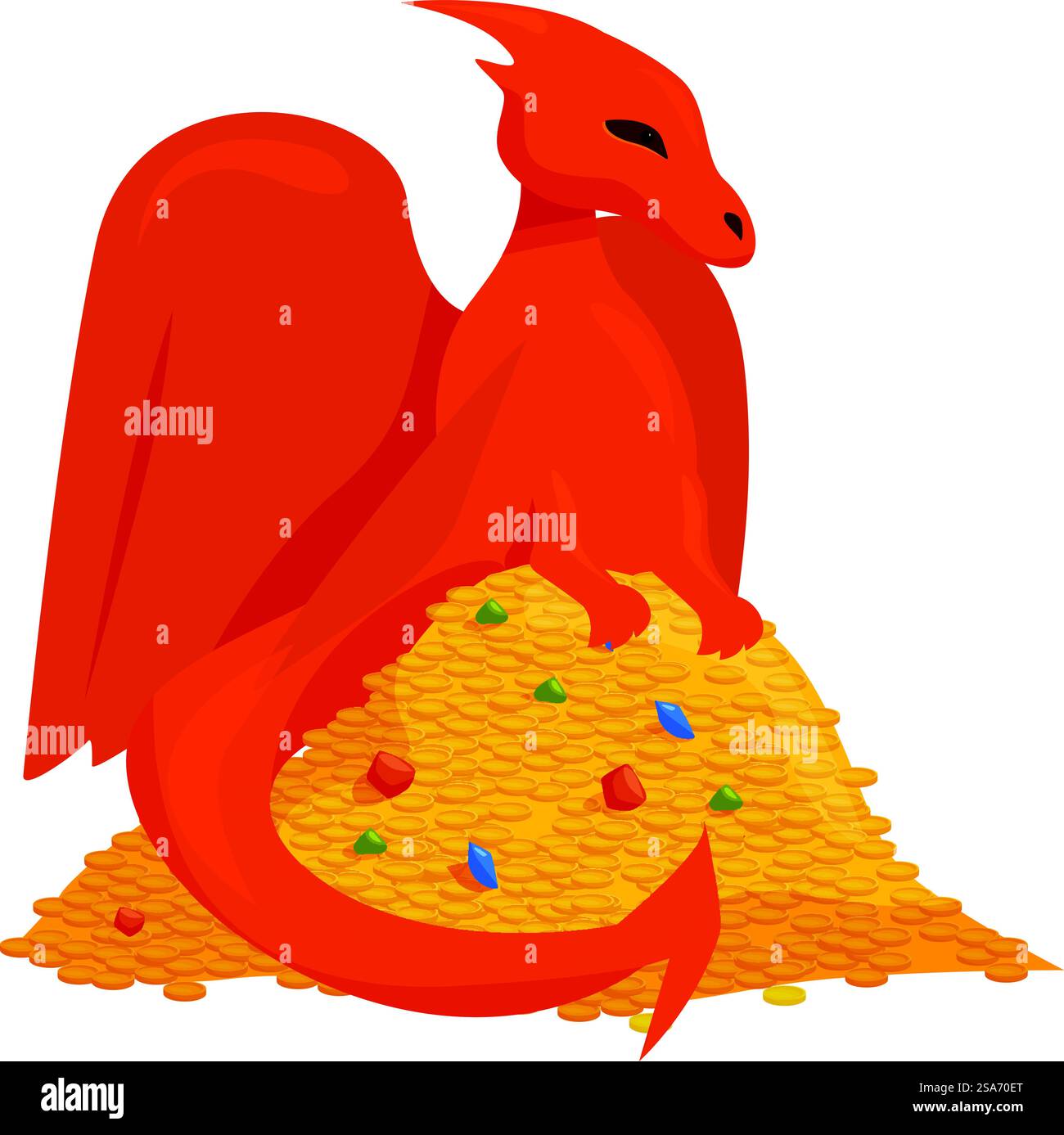 Red dragon protecting a pile of gold coins and gems, fantasy creature ...