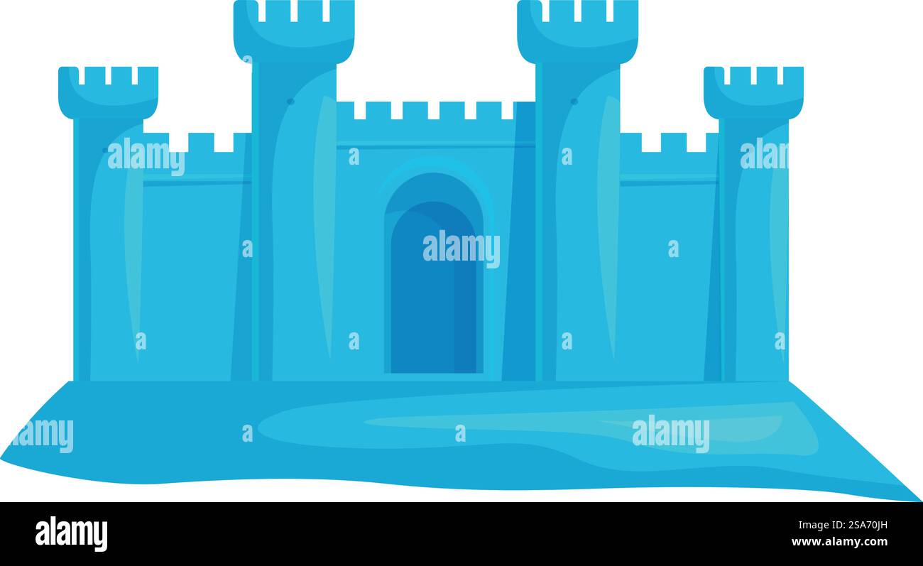 Big blue sandcastle standing on a beach on sunny day, cartoon ...