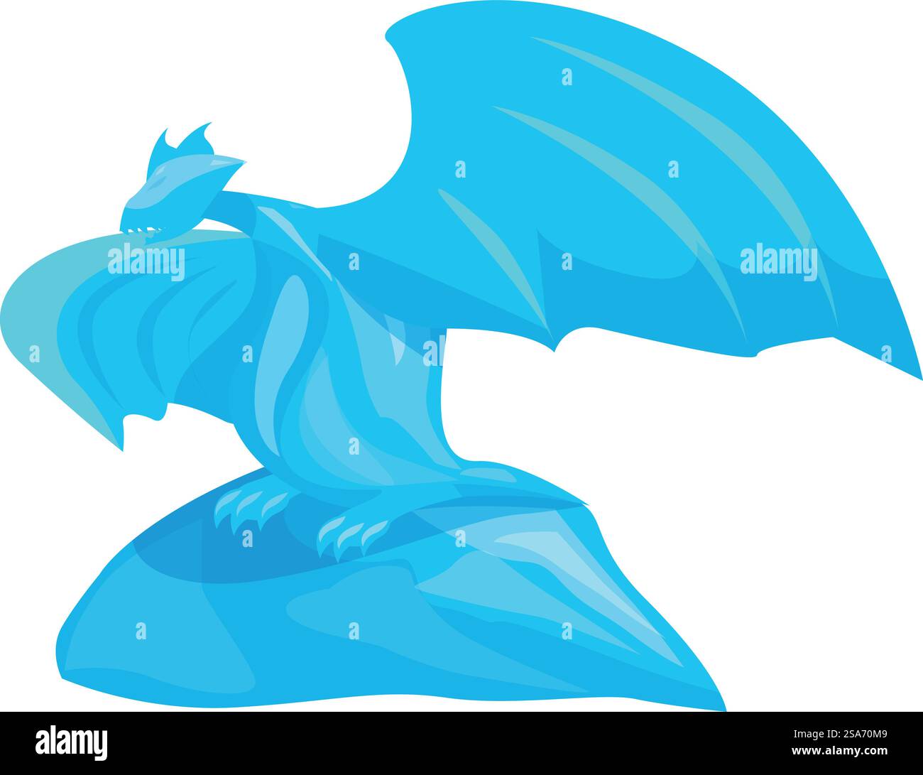 Blue ice dragon spreading its wings while standing on a rock. Blue ice ...