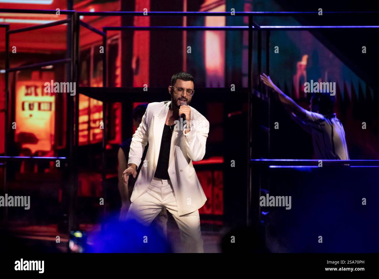 Singer David Afonso performs during the first semi-final of Benidorm ...