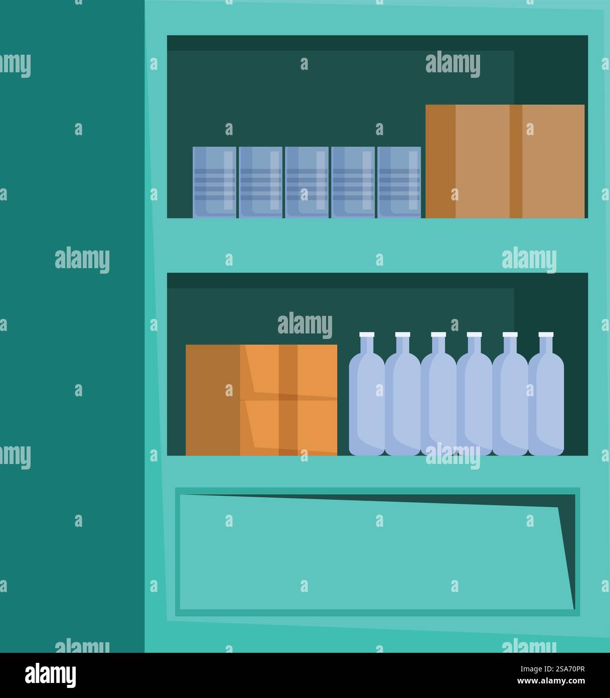 Green metal storage shelf organizing canned food, drinking water in ...