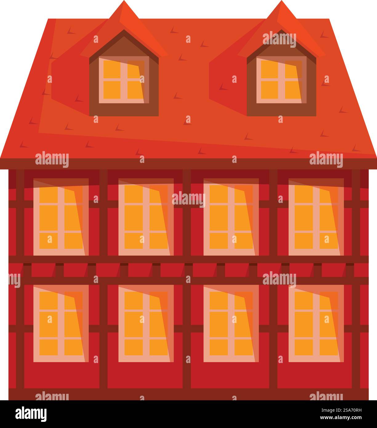 Red facade building with many windows and a tiled roof, showcasing ...