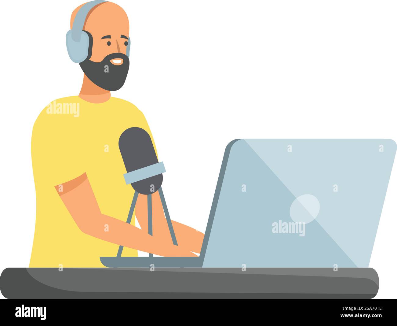 Radio host is recording a podcast using a professional microphone and ...